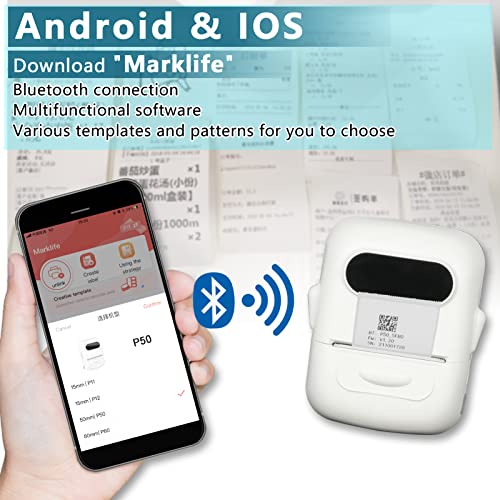 P50 Label Printer Portable Mini Label Maker Machine Bluetooth Thermal Label Maker Compatible with Android & iOS System Apply to Labeling Office Cable Retail Tag Barcode (White + A Roll Thermal Paper