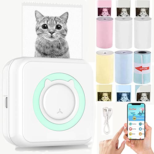 TVAIGER Mini Printer Portable, Wireless Bluetooth Thermal Sticker Printers with 6 Rolls Printing Paper, Compatible with Android iOS for Label Receipt Photo Notes and Memos (Green)