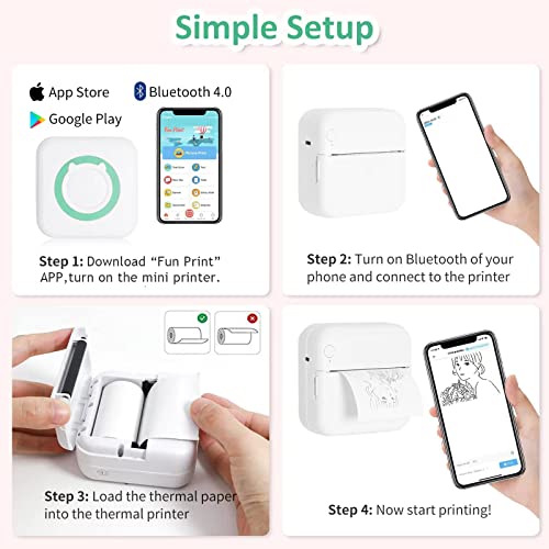 TVAIGER Mini Printer Portable, Wireless Bluetooth Thermal Sticker Printers with 6 Rolls Printing Paper, Compatible with Android iOS for Label Receipt Photo Notes and Memos (Green)