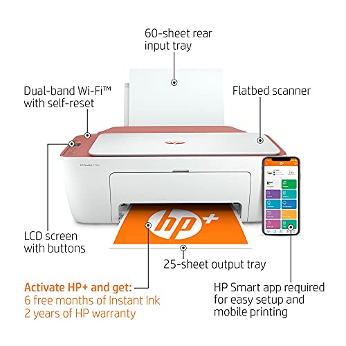 HP DeskJet 2700 Series Wireless Inkjet Color All-in-One Printer - Print Copy Scan Fax - Mobile Printing - WiFi USB Connectivity - Up to 7 ISO PPM - Up to 4800 x 1200 DPI - Cinnamon (Renewed)