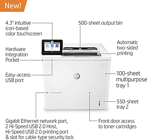 HP Laserjet Enterprise M611dn Single-Function Wired Monochrome Laser Printer, White - Print only - Ethernet, USB, 4.3" Touchscreen, 65 ppm, 1200x1200 dpi, Auto Duplex Printing - Cbmou External Webcam