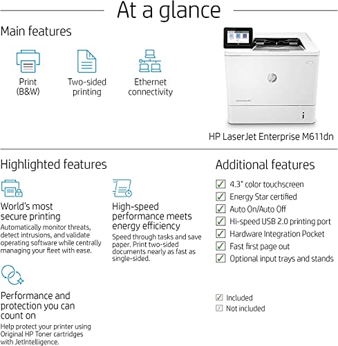 HP Laserjet Enterprise M611dn Single-Function Wired Monochrome Laser Printer, White - Print only - Ethernet, USB, 4.3" Touchscreen, 65 ppm, 1200x1200 dpi, Auto Duplex Printing - Cbmou External Webcam