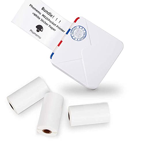 Phomemo M02S Pocket Printer- 300dpi Mini Bluetooth Thermal Printer with 3 Rolls White Sticker Paper, Compatible with iOS + Android for Learning Assistance, Study Notes, Journal, Fun, Work