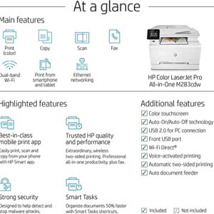 HP Laserjet Pro MFP M283cdw All-in-One Wireless Color Laser Printer, White - Print Scan Copy Fax - 22 ppm, 600 x 600 dpi, 50-Sheet ADF, Auto Duplex Printing, Ethernet, Cbmoun Printer_Cable