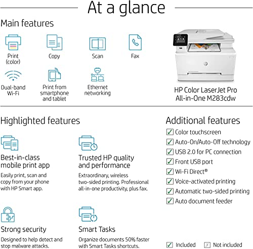 HP Laserjet Pro MFP M283cdw All-in-One Wireless Color Laser Printer, White - Print Scan Copy Fax - 22 ppm, 600 x 600 dpi, 50-Sheet ADF, Auto Duplex Printing, Ethernet, Cbmoun Printer_Cable