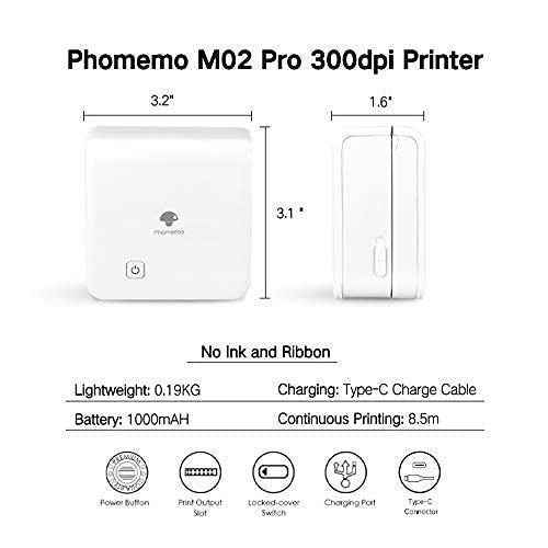 Phomemo M02 Pro Thermal Pocket Printer- Mini Bluetooth Thermal Printer with 3 Rolls White Sticker Paper, Compatible with iOS + Android for Learning Assistance, Study Notes, Journal, Fun, Work, White