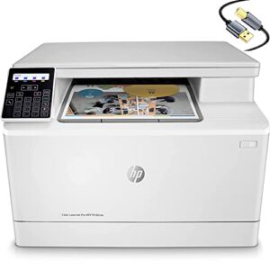 hp color laserjet pro mfp m182nw all-in-one wireless laser printer – print scan copy – 17 ppm, 600 x 600 dpi, 256mb memory, photo printing, 8.5 x 14, 2-line lcd, ethernet, white, cbmou printer cable