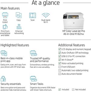 HP Color Laserjet Pro MFP M182nw All-in-One Wireless Laser Printer - Print Scan Copy - 17 ppm, 600 x 600 dpi, 256MB Memory, Photo Printing, 8.5 x 14, 2-Line LCD, Ethernet, White, Cbmou Printer Cable