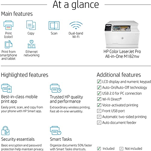 HP Color Laserjet Pro MFP M182nw All-in-One Wireless Laser Printer - Print Scan Copy - 17 ppm, 600 x 600 dpi, 256MB Memory, Photo Printing, 8.5 x 14, 2-Line LCD, Ethernet, White, Cbmou Printer Cable