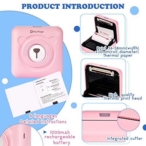 Weewooday Peripage Mini Printer Portable Printer Pocket Printer A6 Portable Thermal Printer Label Sticky Note Sticker Photo Printer for Smart Phone with Bluetooth USB Connect