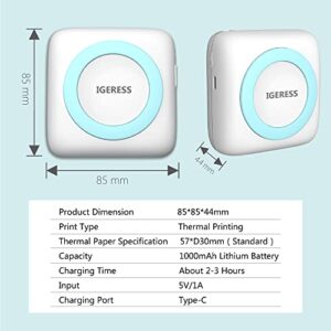 IGERESS Mini Printer, Wireless Bluetooth Pocket Thermal Printer, Sticker Printer, Portable Notes Picture Printer Receipt Paper Printer Compatible with iOS and Android