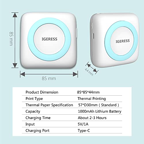 IGERESS Mini Printer, Wireless Bluetooth Pocket Thermal Printer, Sticker Printer, Portable Notes Picture Printer Receipt Paper Printer Compatible with iOS and Android