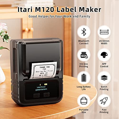 Itari M120 Label Makers Bluetooth Label Printer Label Maker Machine with Tape for Small Business, Envelopes, Candle, Jars, Clothes, Files, Compatible with Android & iOS System, Black