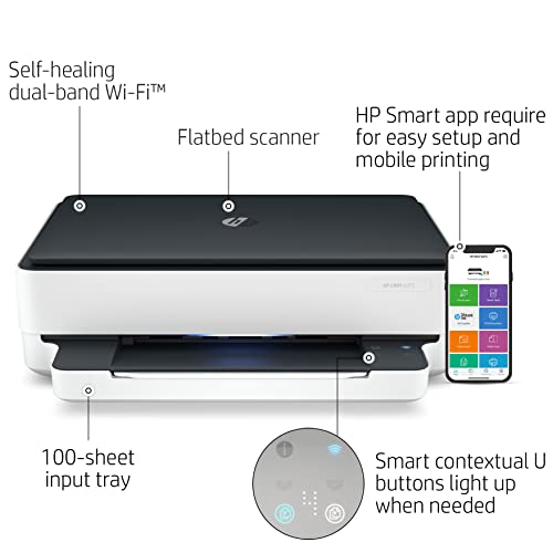 HP Envy 6075 Wireless All-in-One Color Inkjet Printerfor Home Office, White/Black - Print Scan Copy - 10 ppm, 4800 x 1200 dpi, Auto 2-Sided Printing, Borderless Printing