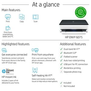 HP Envy 6075 Wireless All-in-One Color Inkjet Printerfor Home Office, White/Black - Print Scan Copy - 10 ppm, 4800 x 1200 dpi, Auto 2-Sided Printing, Borderless Printing