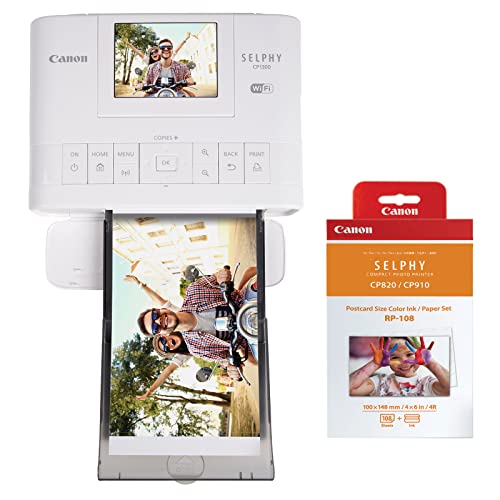 Canon SELPHY CP1300 Wireless Compact Photo Printer + RP-108 High-Capacity Color Ink/Paper Set Bundle, White