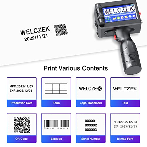 WELCZEK TIJ127 Handheld Inkjet Printer, Portable Handheld Printer with 4.3Inch Touch Screen Quick Drying Inkjet Coding Machine for Barcode Label Text Logo QR Code Batch Number (Support 25 Languages)