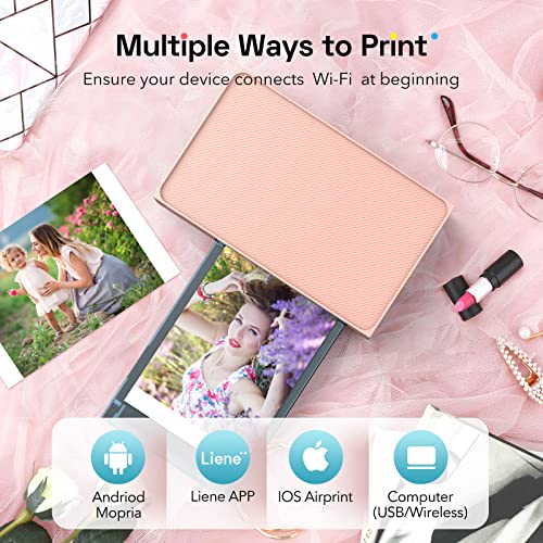 Liene 4x6'' Photo Printer Bundle (60 Sheets + 2 Ink Cartridges), Wi-Fi Picture Printer, Photo Printer for iPhone, Android, Smartphone, Computer, Dye-Sublimation, Photo Printer for Home Use, Pink