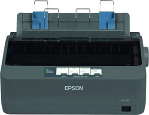 epson lx-350 dot matrix printer, 9 pins, 80 column, original + 4 copies, 347 cps hsd (10 cpi), epson esc/p – ibm 2380+ emulation, 3 fonts, 8 barcode fonts, 3 paper paths, single and continous sheet, paper park, usb, parallel and serial i/f – being re