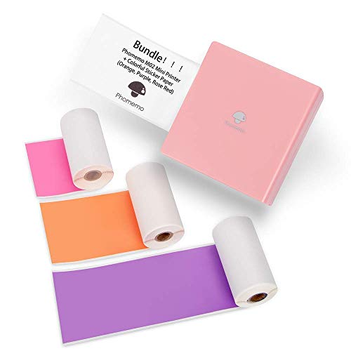 Phomemo M02 Mini Printer- Bluetooth Thermal Photo Printer with 3 Rolls Colorful Sticker Paper, Compatible with iOS + Android for Plan Journal, Study Notes, Art Creation, Work, Gift