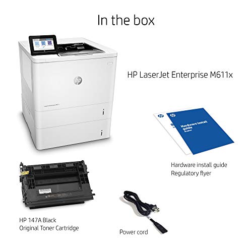 HP Laserjet Enterprise M611x Wireless Ethernet Monochrome Laser Printer, Print only, White - Auto Duplex Printing, 65 ppm 1200x1200 dpi, WiFi, EPEAT Gold, 4.3" Touchscreen, 512MB, Cbmou Printer Cable