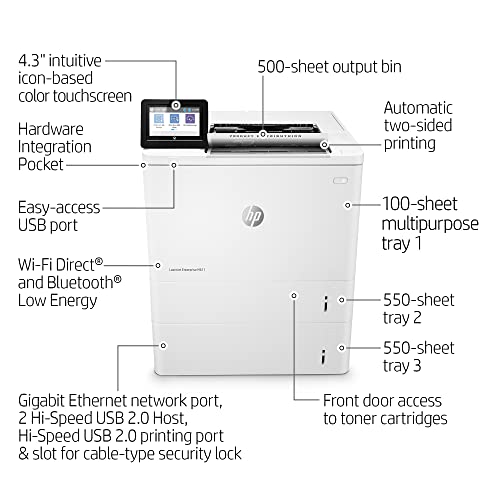 HP Laserjet Enterprise M611x Wireless Ethernet Monochrome Laser Printer, Print only, White - Auto Duplex Printing, 65 ppm 1200x1200 dpi, WiFi, EPEAT Gold, 4.3" Touchscreen, 512MB, Cbmou Printer Cable