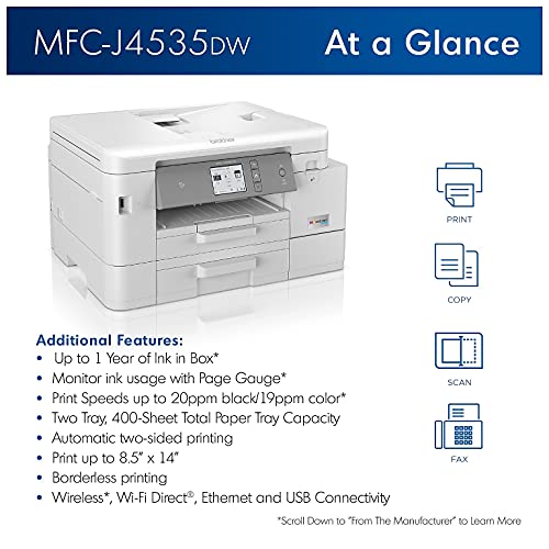 Brother INKvestment Tank MFC-J4535DW Wireless Color All-in-One Inkjet Printer - Print Copy Scan Fax - 2.7" Touchscreen, 20 ppm, 4800 x 1200 dpi, 8.5" x 14", Auto Duplex Print, 20-Sheet ADF