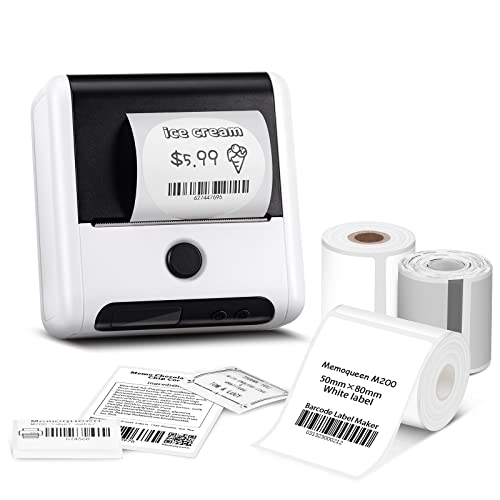 Memoqueen Label Maker Machine with 3 Roll Labels M200 Portable Label Makers, Upgrade 3 Inch Bluetooth Thermal Barcode Label Printer for Small Business/Home Use, for Retail, Logo, Labeling, Name, White