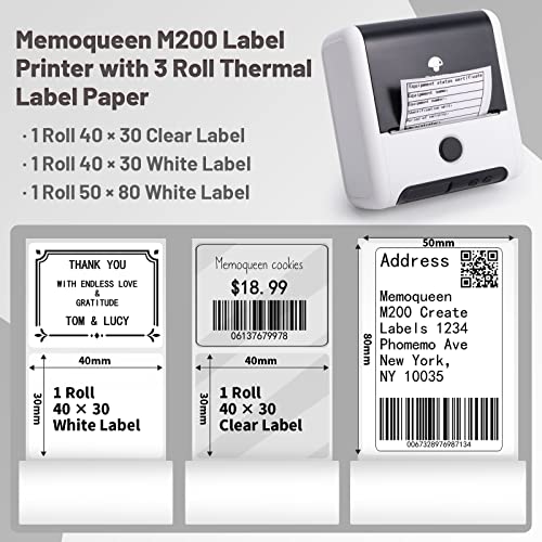 Memoqueen Label Maker Machine with 3 Roll Labels M200 Portable Label Makers, Upgrade 3 Inch Bluetooth Thermal Barcode Label Printer for Small Business/Home Use, for Retail, Logo, Labeling, Name, White