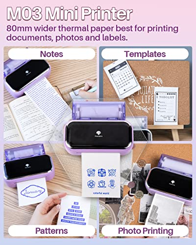 Phomemo M03 Mini Printer, Bluetooth Thermal Printer Mobile Portable Printer for Smartphones, Compatible with 53mm/80mm Thermal Paper, Great for memo,Photo & Notes, Purple