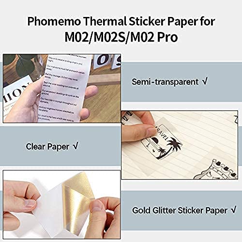 Phomemo M02 Mini Bluetooth Label Maker with 1 Transparent/Semi-Transparent/Gold Glitter Sticker Paper, Black