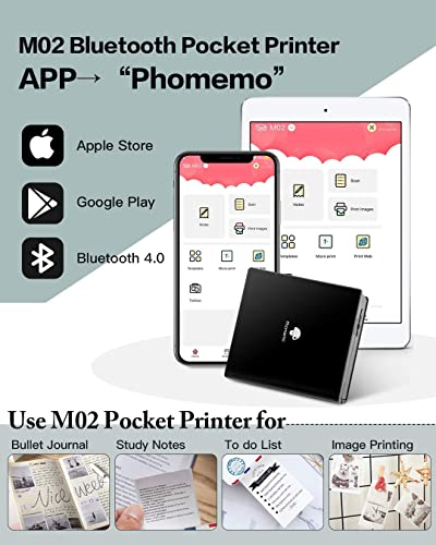 Phomemo M02 Mini Bluetooth Label Maker with 1 Transparent/Semi-Transparent/Gold Glitter Sticker Paper, Black