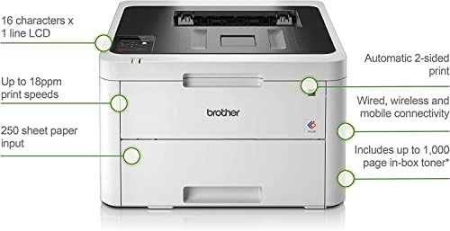 Brother Color HL-L3230CDW Compact Wireless Digital Laser Printer for Home Office, White - Print Only - 25 ppm, 2400 x 600 dpi, 8.3 x 13 Print Size, Auto Duplex Printing, 250 Sheet, Ethernet