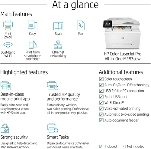 HP Laserjet Pro MFP M283cdw Wireless Color All-in-One Laser Printer, Print&Copy&Scan&Fax, up to 22 ppm, 600x600 dpi, 2.7" Color Touchscreen, Work with Alexa (7KW73A), with Lanbertent Printer Cable