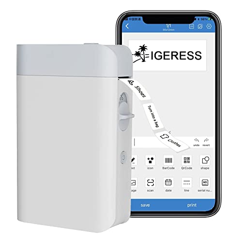 IGERESS Label Maker Machine Bluetooth Tape Label Mini Printer for iOS and Android to Use for Clothing, Cosmetic, Barcode and More USB Rechargeable