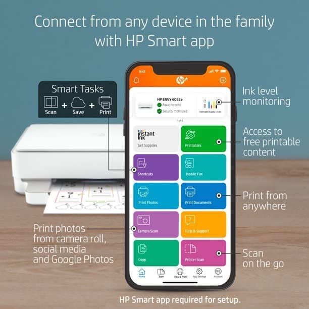 HP Envy 6052e All-in-One Wireless Color Inkjet Printer, Print Copy Scan, 2-Sided Printing, WiFi USB Bluetooth Connectivity, 6 Months Instant Ink Included, White, W/Silmarils Printer Cable