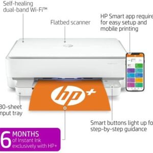 HP Envy 6052e All-in-One Wireless Color Inkjet Printer, Print Copy Scan, 2-Sided Printing, WiFi USB Bluetooth Connectivity, 6 Months Instant Ink Included, White, W/Silmarils Printer Cable