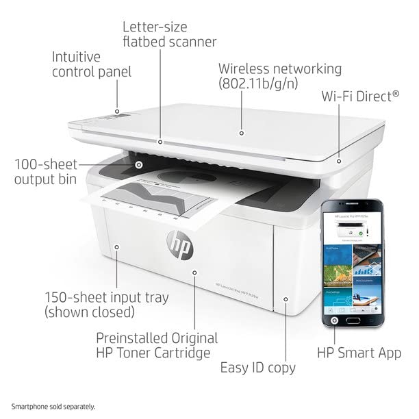 HP Laserjet Pro M29w All-in-One Wireless Laser Printer with Mobile Printing, Print, Copy, scan, Wireless, 19 ppm, 600 x 600 dpi, LCD Display, White, W/MD Cable