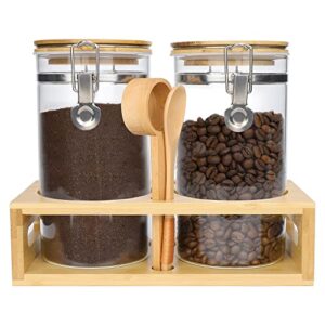 glass coffee containers with airtight locking clamp bamboo lids,2pcs 45oz bpa free coffee canister set bean storage with scoop and measuring spoon,large capacity glass food storage jars for tea sugar