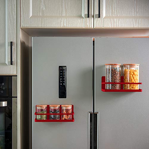 2 Pack - Magnetic Spice Rack, Fridge Organizer Shelf, Side Wall Refrigerator Storage for Spices, Utensils or Plates, Works as Towel Holder with Hooks, Organization for Home and Kitchen (Red)