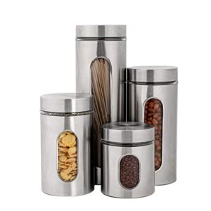 pengke canisters set,4 piece silver stainless steel canister set with glass windows,perfect for kitchen canning cereal,pasta,sugar,beans,spice