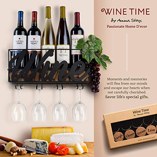 Wall Mounted Wine Rack - Bottle & Glass Holder - Cork Storage - Store Red, White, Champagne - Comes with 6 Cork Wine Charms - Home & Kitchen Décor - Designed by Anna Stay, Wine