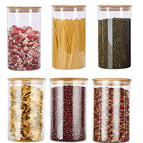 Glass Food Storage Jars Containers, Glass Storage Jar with Airtight Bamboo Lids Set of 6 Kitchen Glass Canisters For Coffee, Flour, Sugar, Candy, Cookie, Spice and More 32 oz