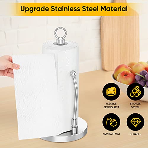 Paper Towel Holder Stainless Steel - One Hand Tear Paper Towel Dispenser Standing Weighted Base Non Slip, Spring Arm, Stainless Steel Paper Towel fits in Kitchen Bathroom Countertop Silver