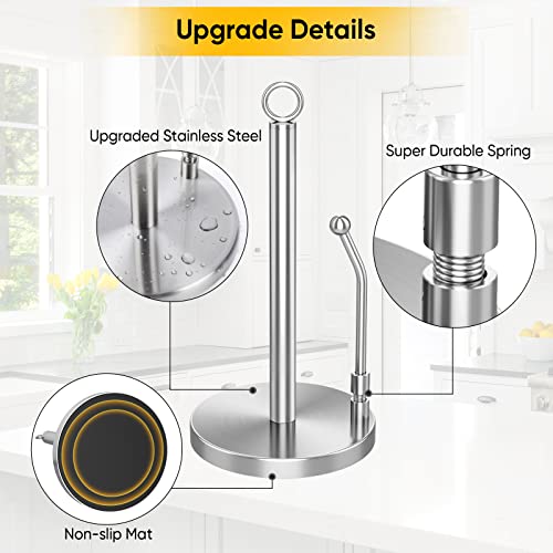 Paper Towel Holder Stainless Steel - One Hand Tear Paper Towel Dispenser Standing Weighted Base Non Slip, Spring Arm, Stainless Steel Paper Towel fits in Kitchen Bathroom Countertop Silver