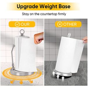 Paper Towel Holder Stainless Steel - One Hand Tear Paper Towel Dispenser Standing Weighted Base Non Slip, Spring Arm, Stainless Steel Paper Towel fits in Kitchen Bathroom Countertop Silver