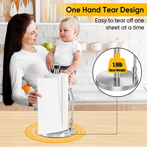 Paper Towel Holder Stainless Steel - One Hand Tear Paper Towel Dispenser Standing Weighted Base Non Slip, Spring Arm, Stainless Steel Paper Towel fits in Kitchen Bathroom Countertop Silver