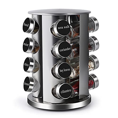 DOUBLE 2 C Rotating Spice Rack with 16 Jars, Revolving Spice Rack Organizer, Seasoning Organizer with Labels, Stainless Steel Spice Carousel for Kitchen Countertop, Cabinet