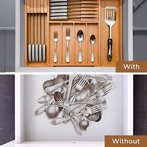 Utensil Organizer for Kitchen Drawers - Bamboo Silverware Organizer - Expandable Utensil Holder and Cutlery Tray with Divider and Removable Knife Block | 17” Long, Adjustable from 13” to 22.2”