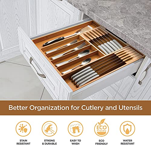 Utensil Organizer for Kitchen Drawers - Bamboo Silverware Organizer - Expandable Utensil Holder and Cutlery Tray with Divider and Removable Knife Block | 17” Long, Adjustable from 13” to 22.2”